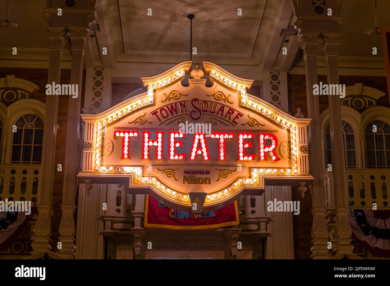 The Town Square Theater sign is illuminated at night Stock Photo - Alamy