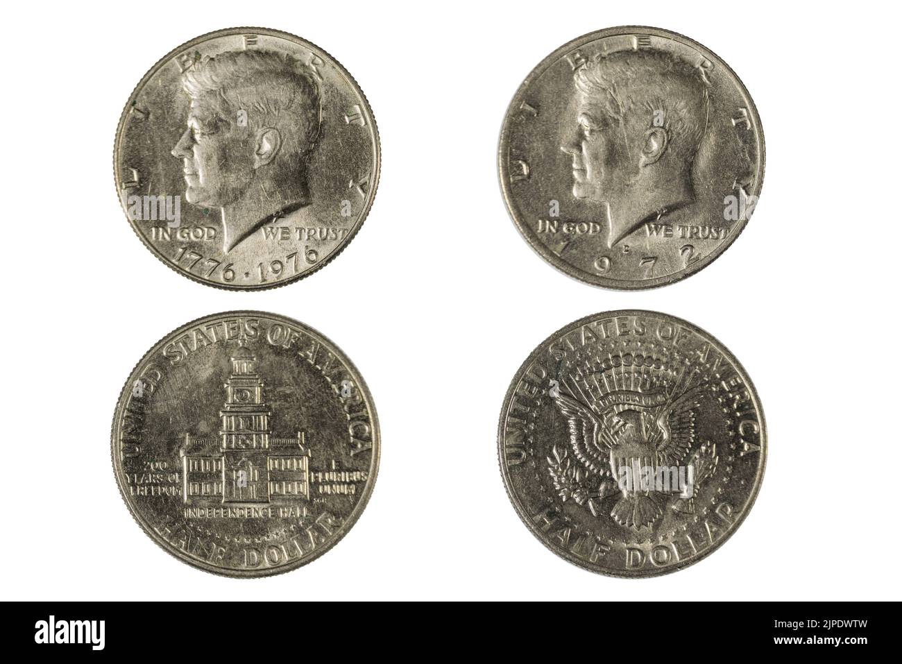 Close up view of front and back side of half USA dollar coins different ...