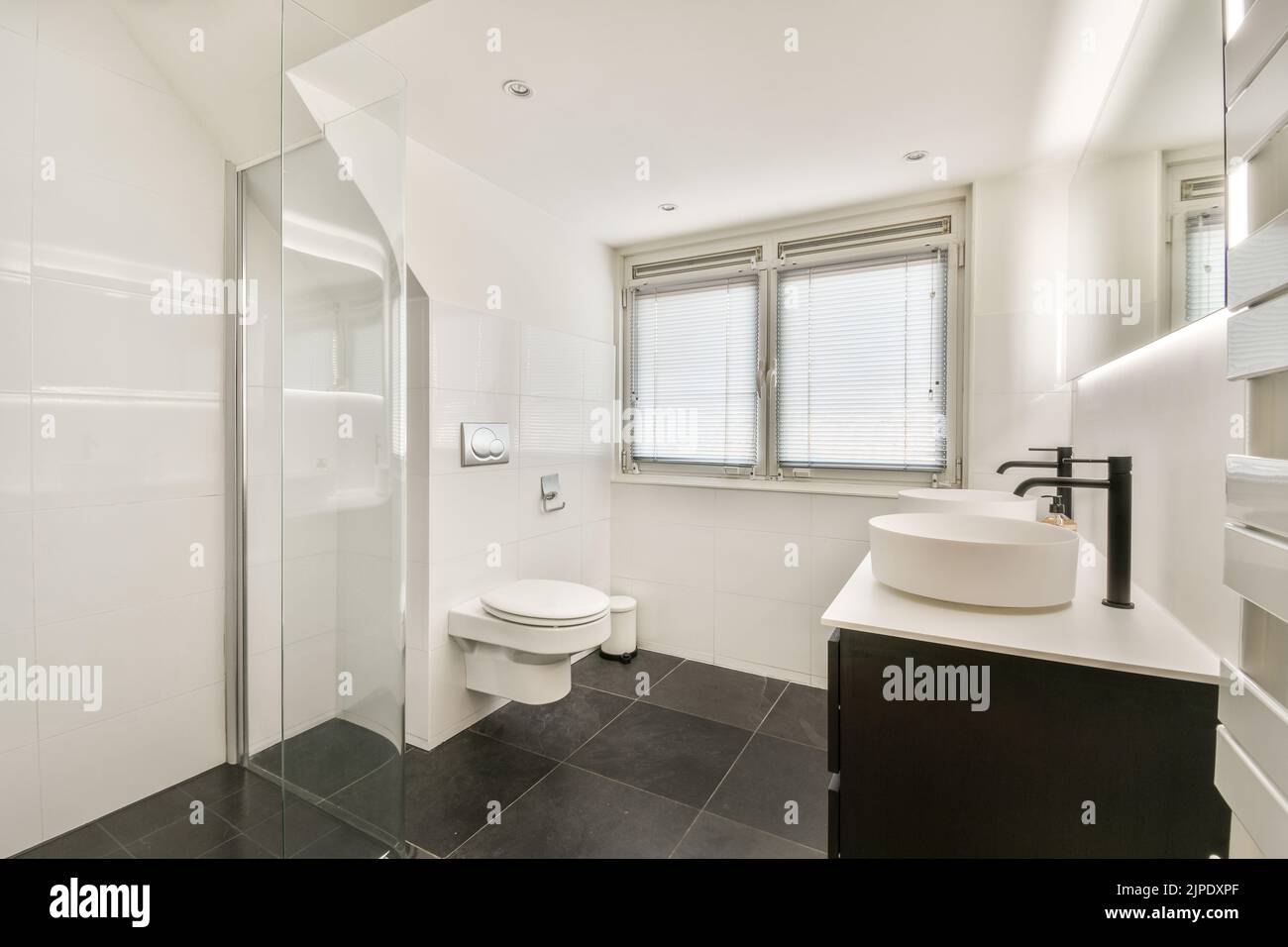 Interior of contemporary bathroom with shabby beige walls and ...