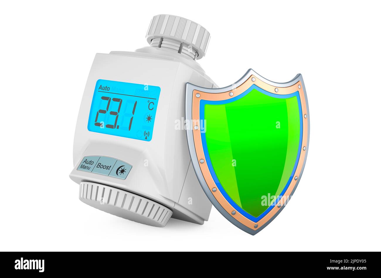 Digital radiator thermostatic valve with shield, 3D rendering isolated ...