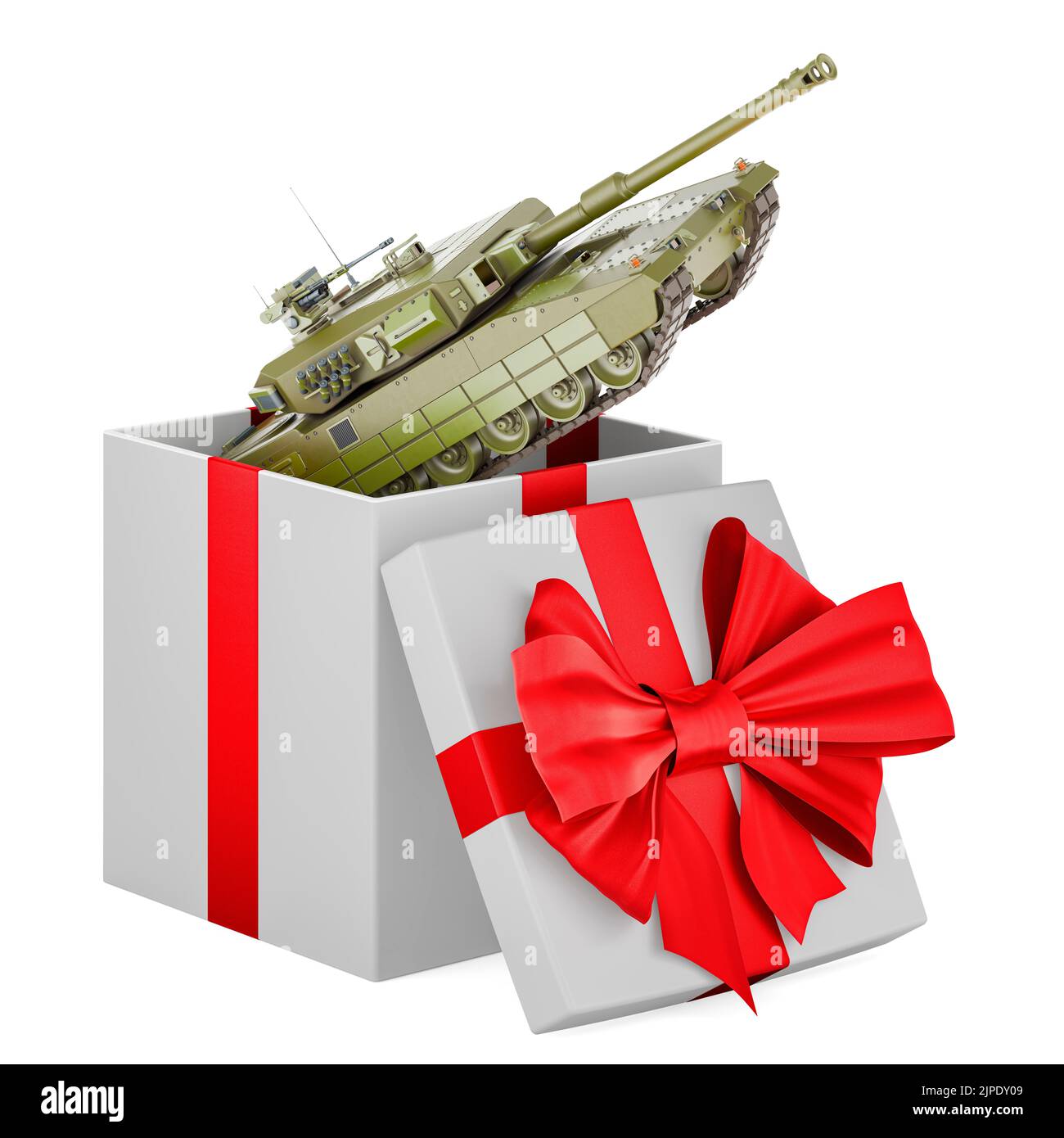 Battle tank inside gift box, present concept. 3D rendering isolated on ...