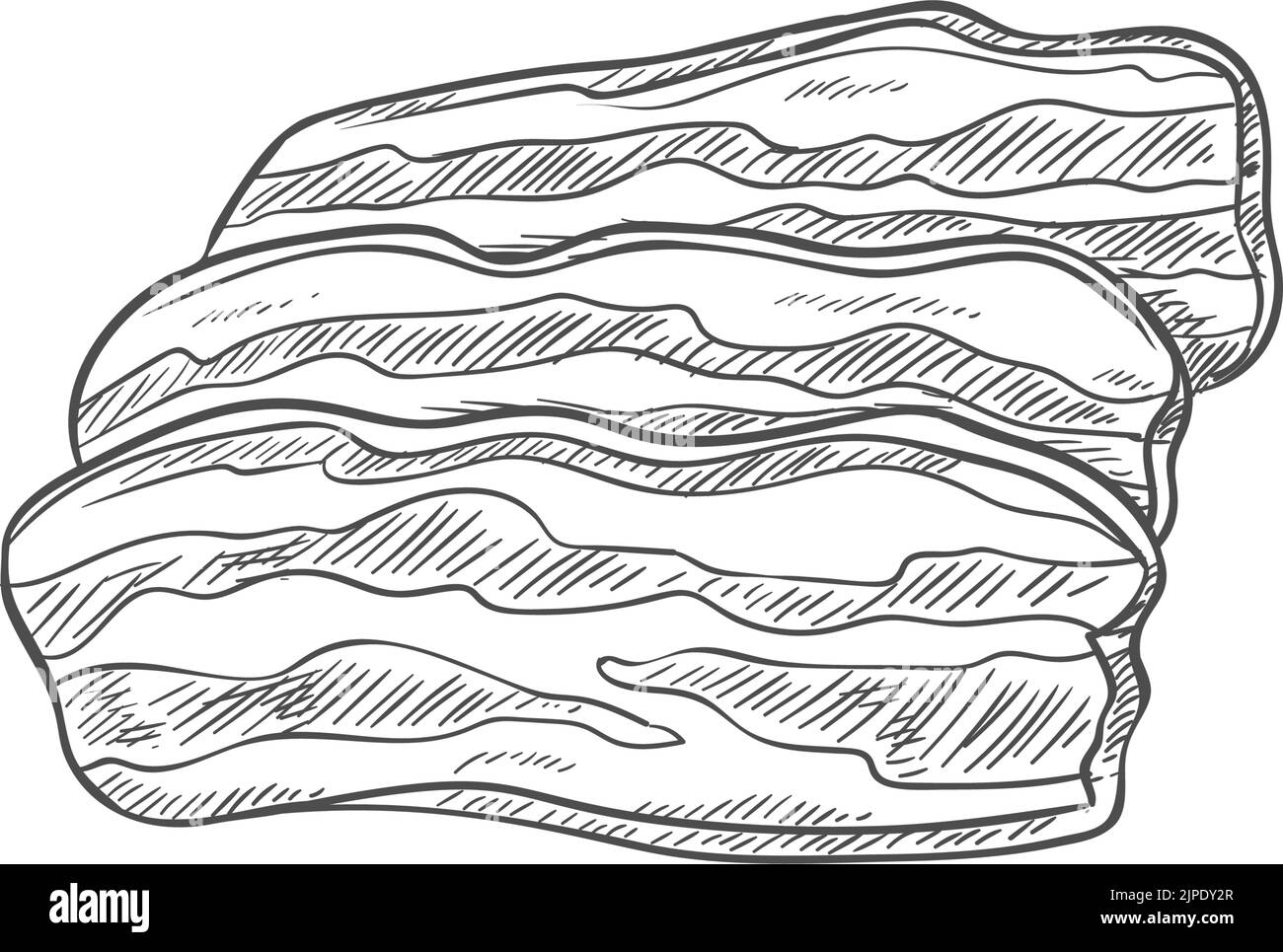 Bacon slice icon, pork meat smoked ham isolated sketch. Vector raw beef ...