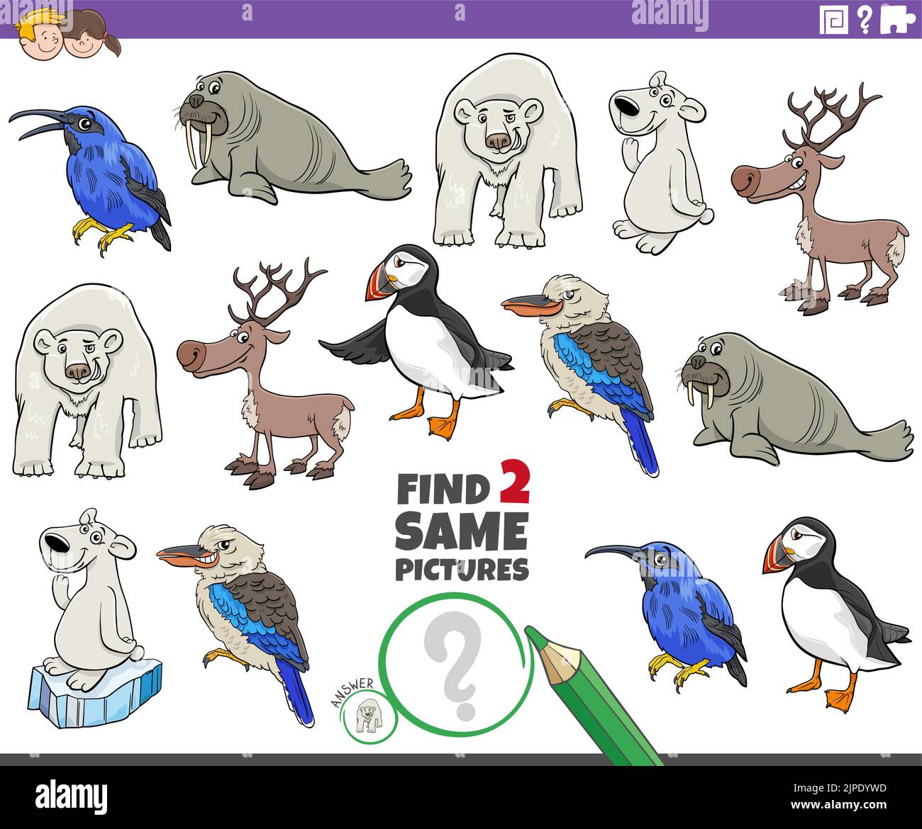 Cartoon illustration of finding two same pictures educational game with ...