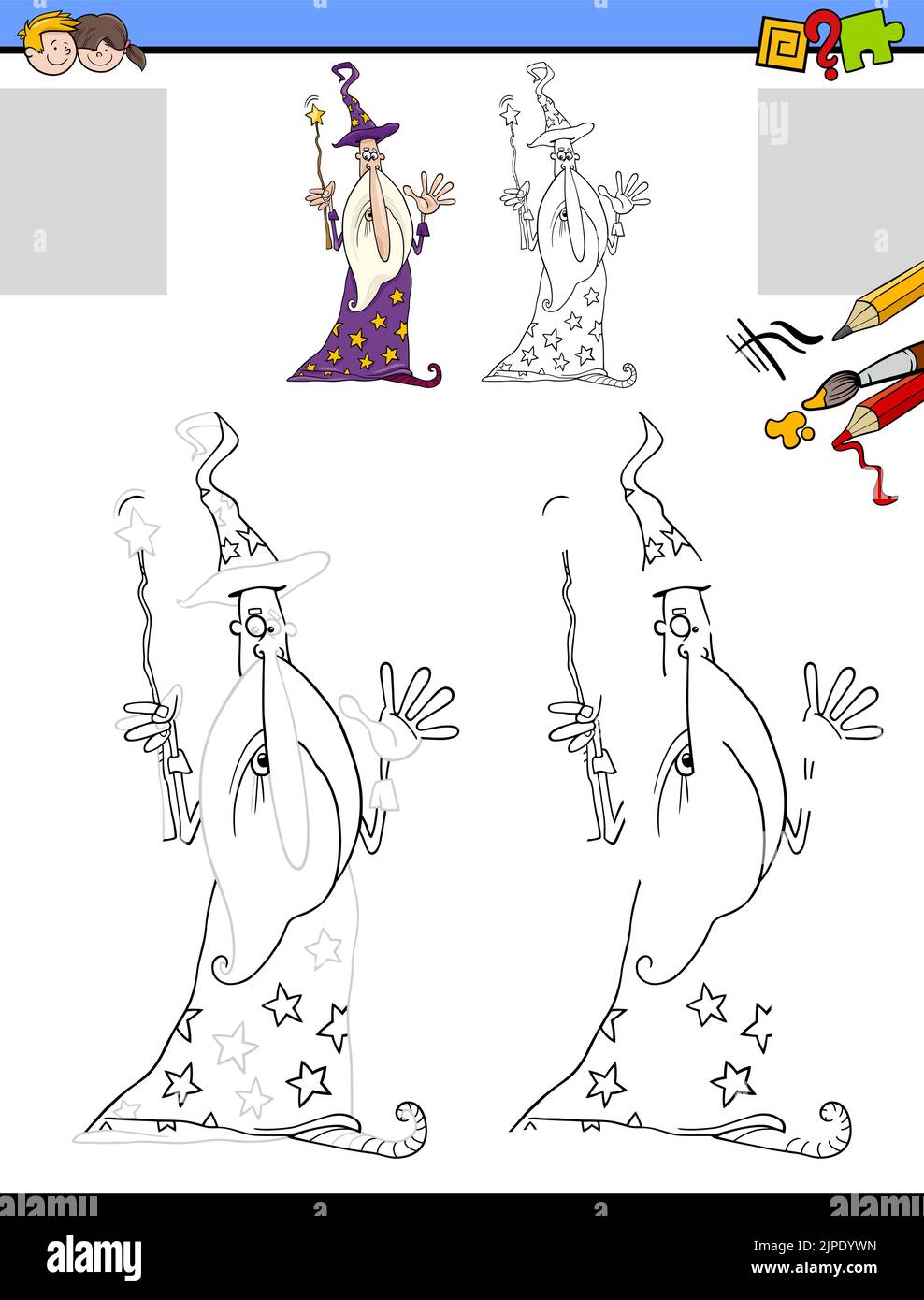 Cartoon illustration of drawing and coloring educational activity for ...