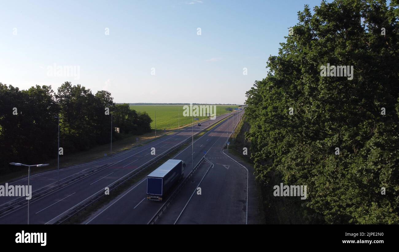 Aerial View Cargo Truck. Large Delivery Truck is Moving. Aerial Shot Of ...
