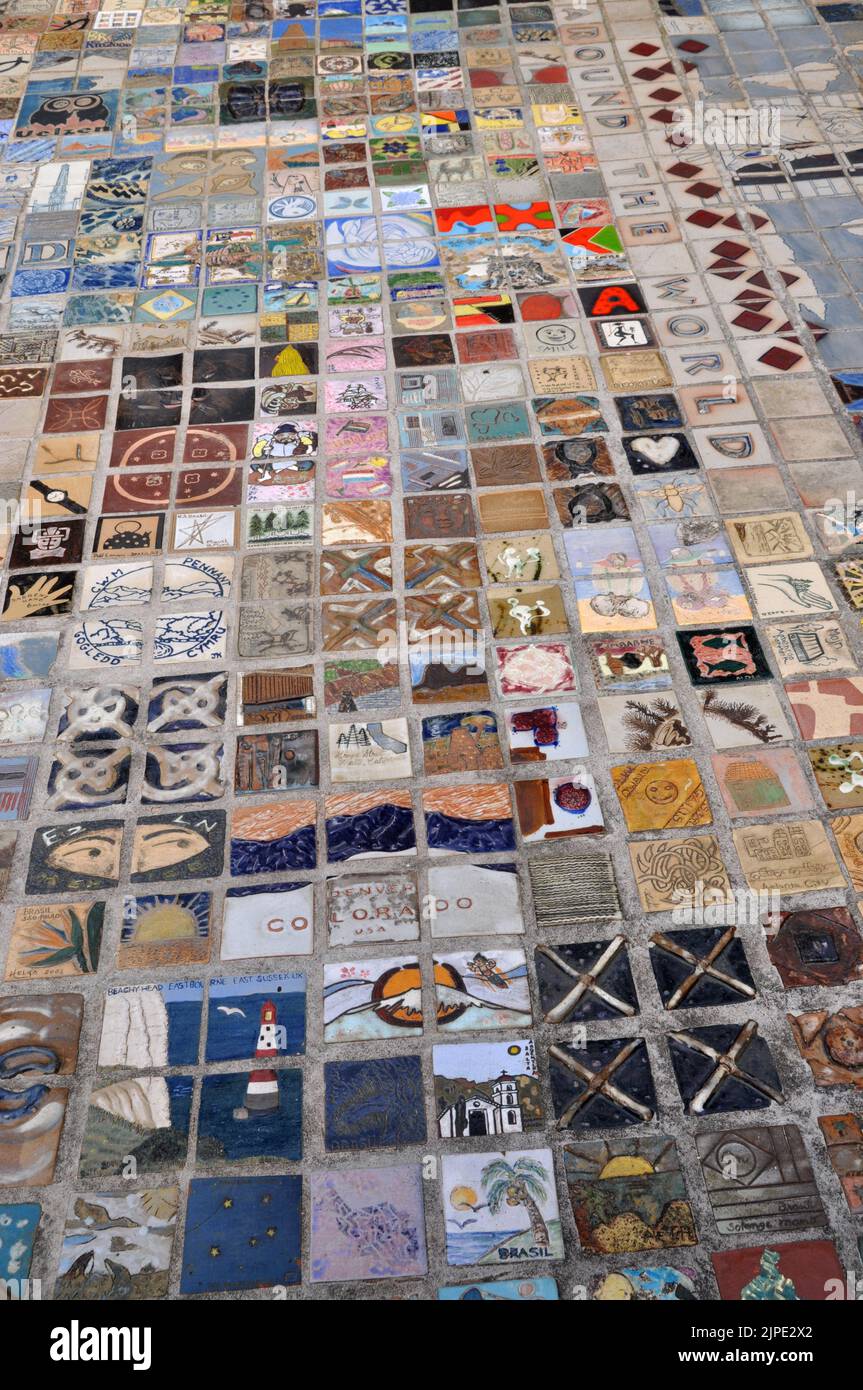 Tiles from around the world on front garden in Criccieth, Wales Stock ...