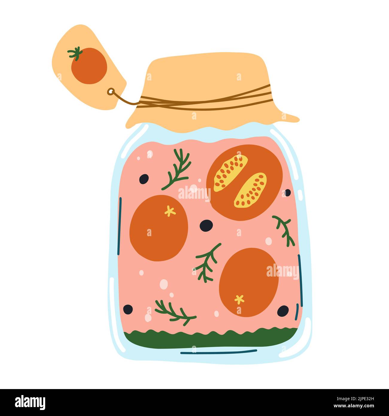 Home made tomato pickles, canned vegetables in cartoon hand drawn flat ...