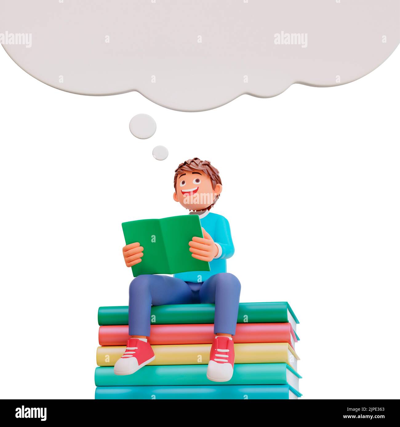 A 3D illustration of a boy thinking while he's reading sitting on a ...