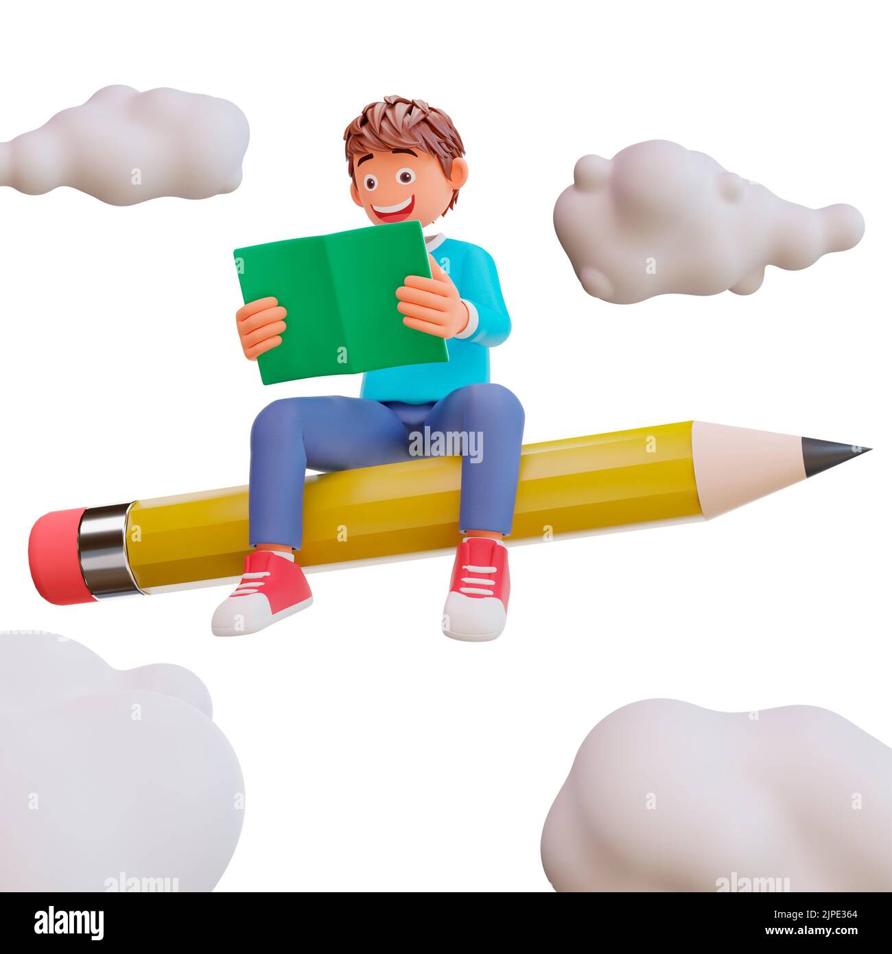 A 3D illustration of a boy with a book and sitting on a pencil chair ...