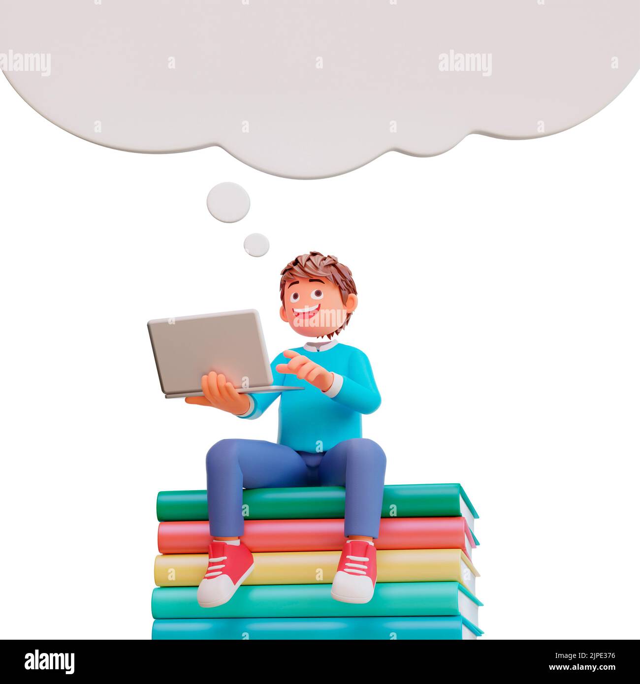 A 3D illustration of a boy thinking while he's holding a laptop sitting ...
