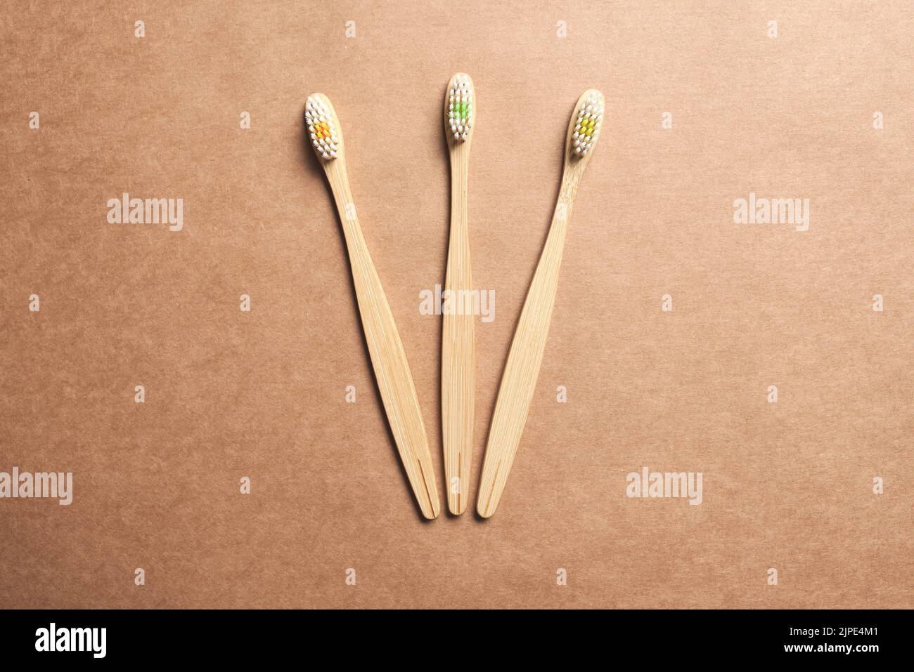 Set of three ecological bamboo toothbrushes. Concepts: sustainable ...