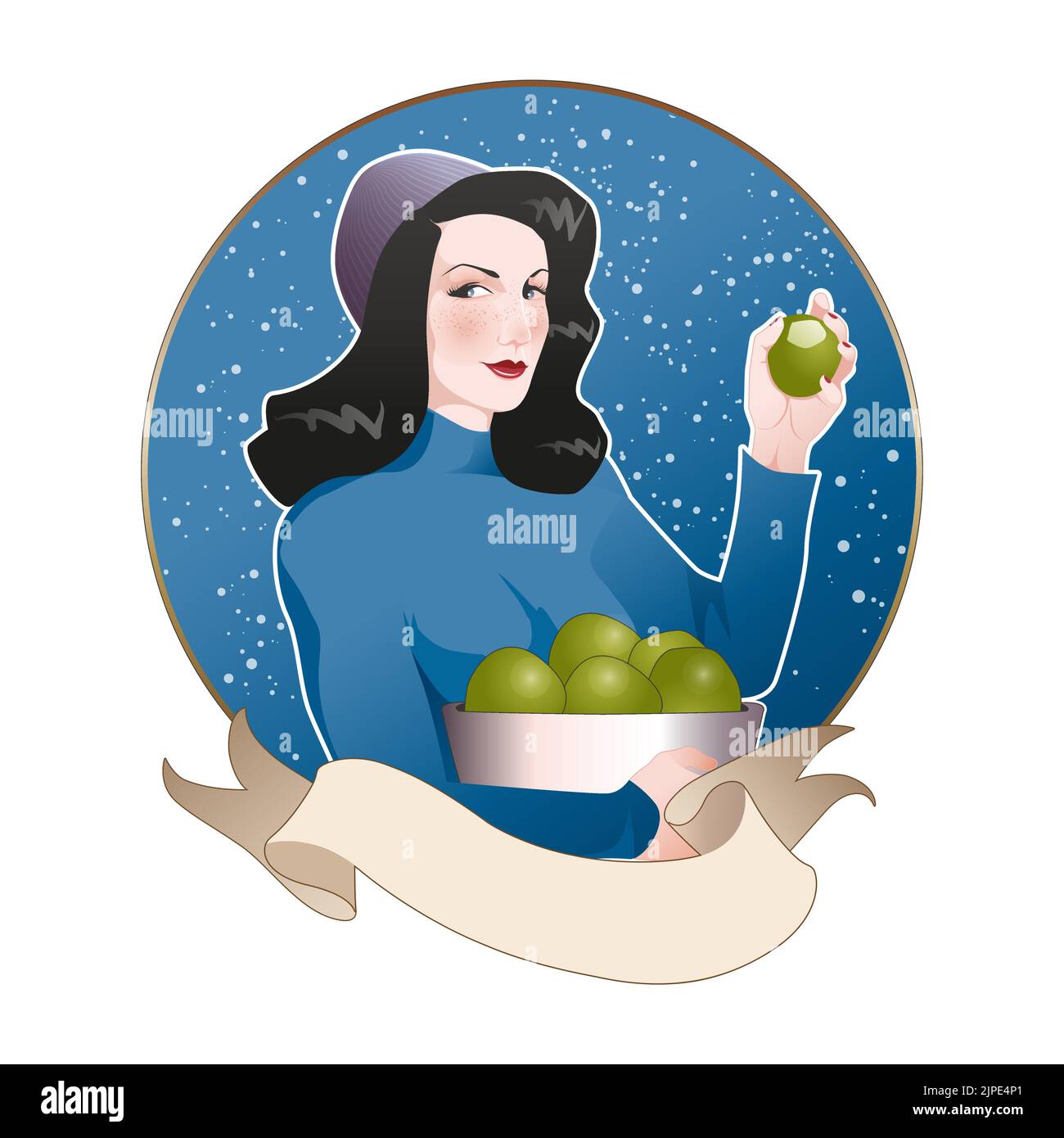 Cartoon style PinUp girl on snowy background, holding a basket of green ...