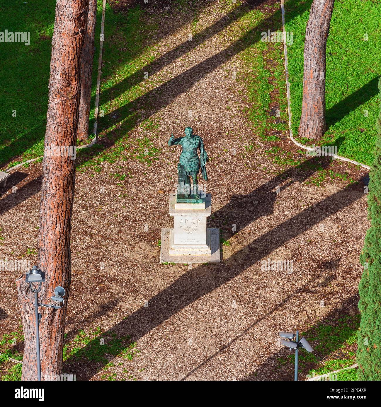 Aerial view of Roman Emperor Hadrian bronze monument in Rome public ...