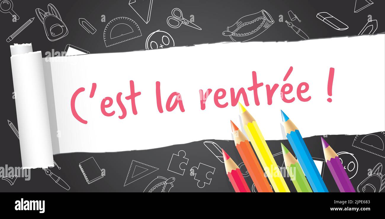 french back to school slate and doodles large banner Stock Photo - Alamy