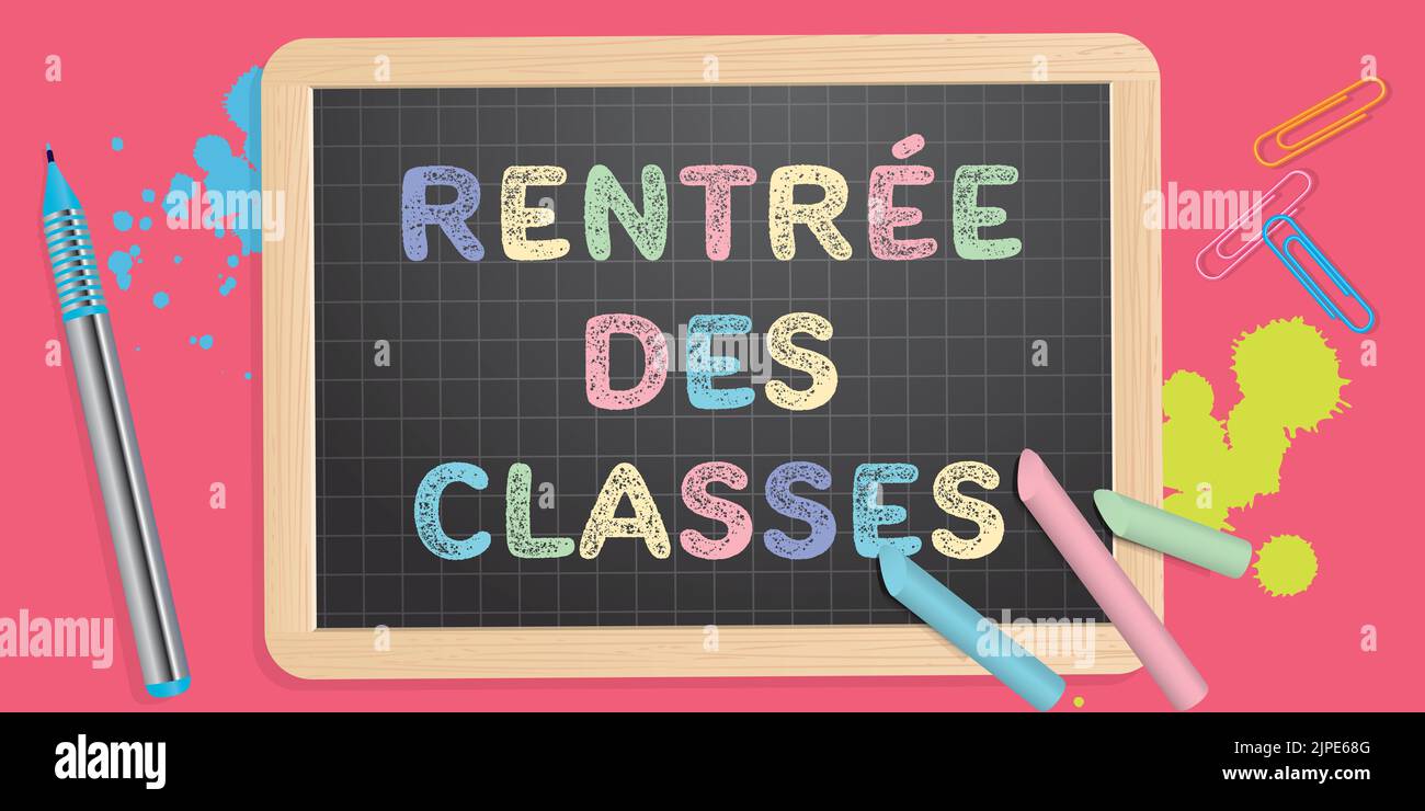 french back to school slate and doodles large banner Stock Photo - Alamy