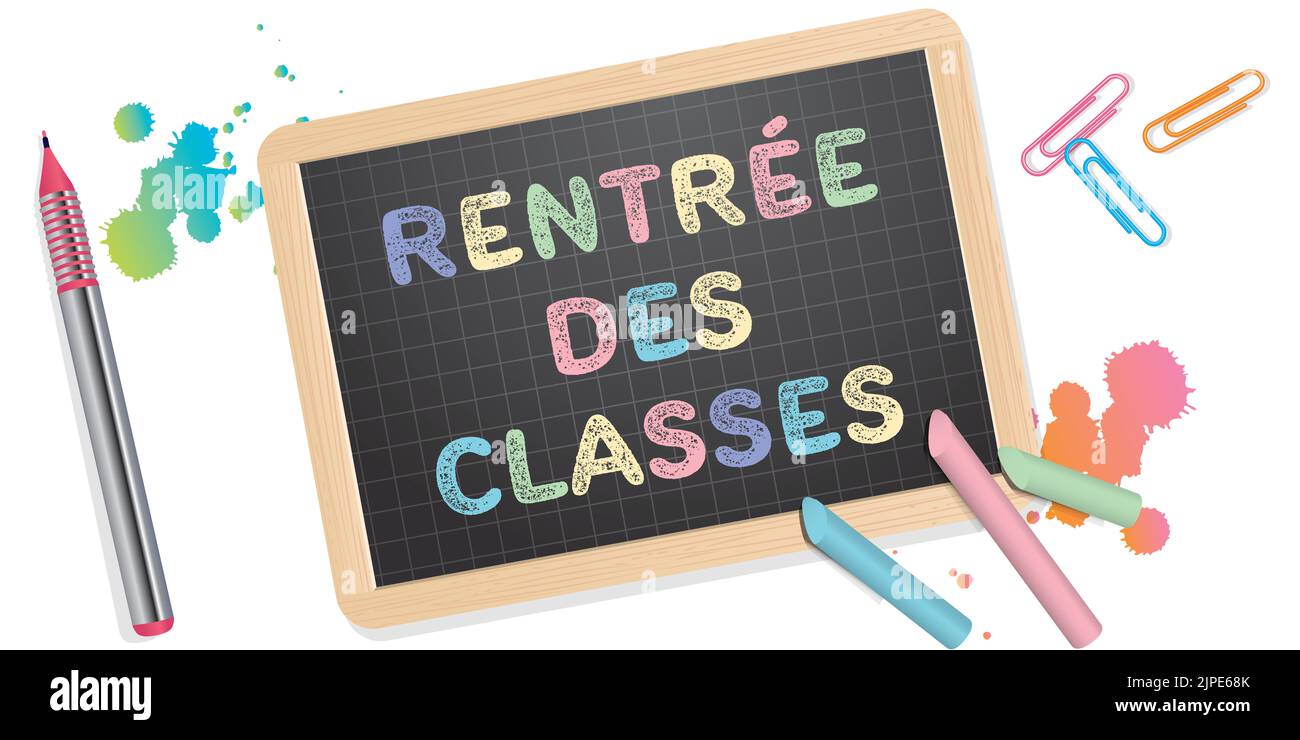 french back to school slate and doodles large banner Stock Photo - Alamy