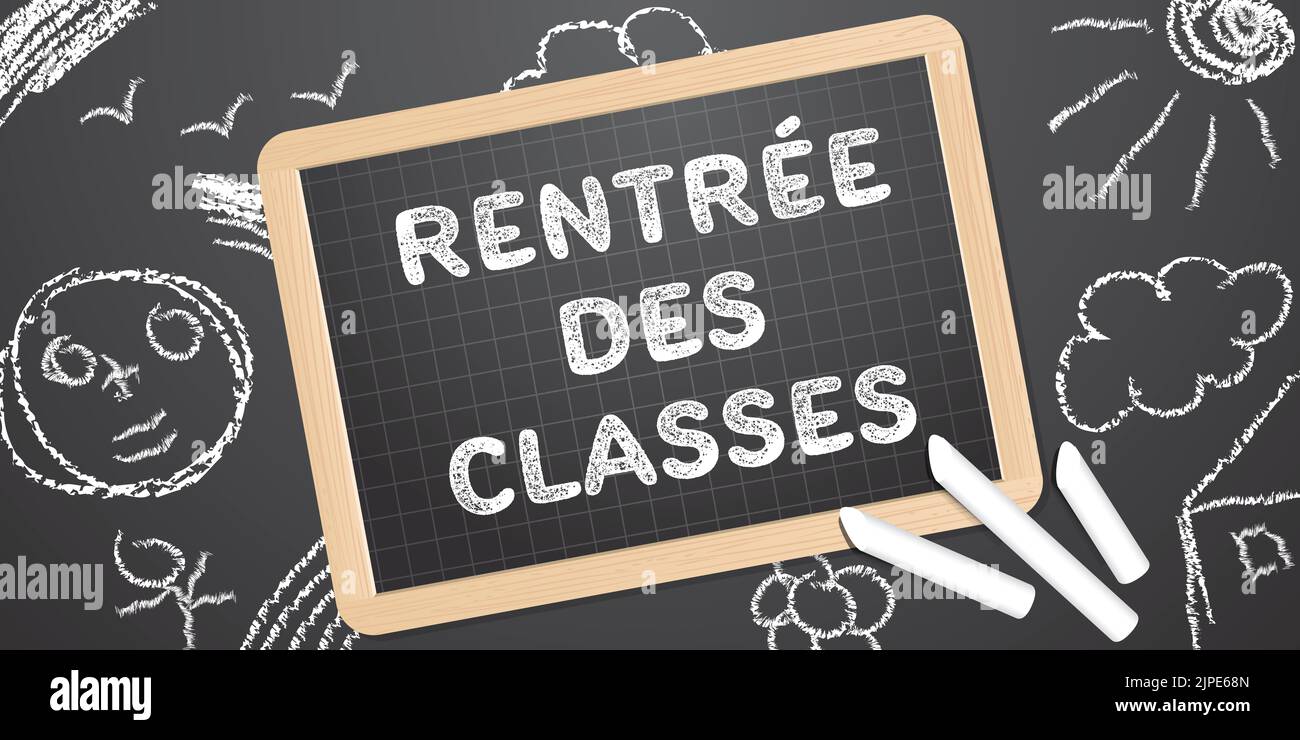 french back to school slate and doodles large banner Stock Photo - Alamy