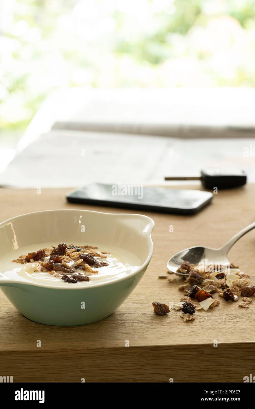 A Healthy and quick breakfast for commuters with muesli yoghurt ...