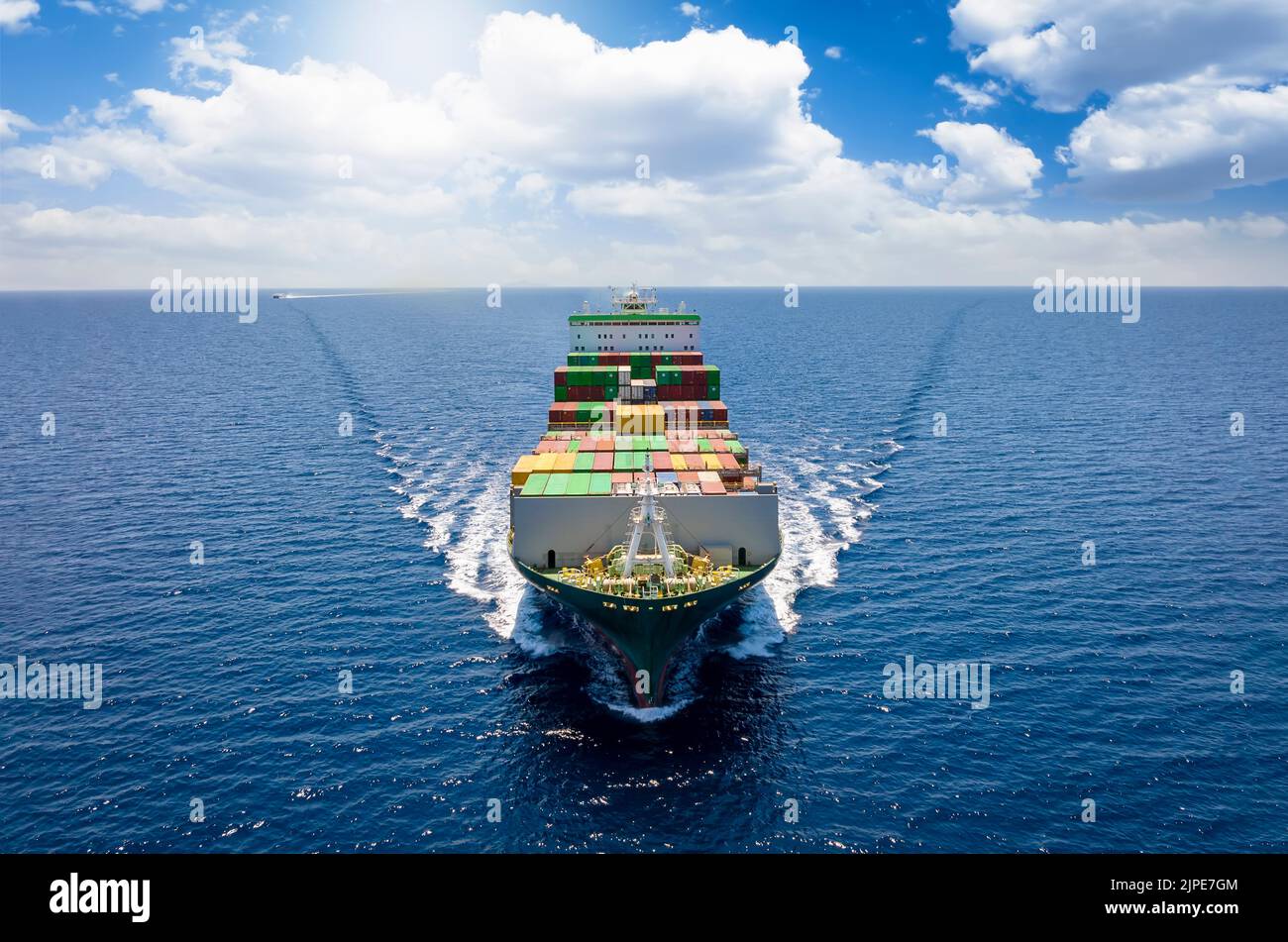 Aerial front view of a loaded container cargo vessel Stock Photo - Alamy