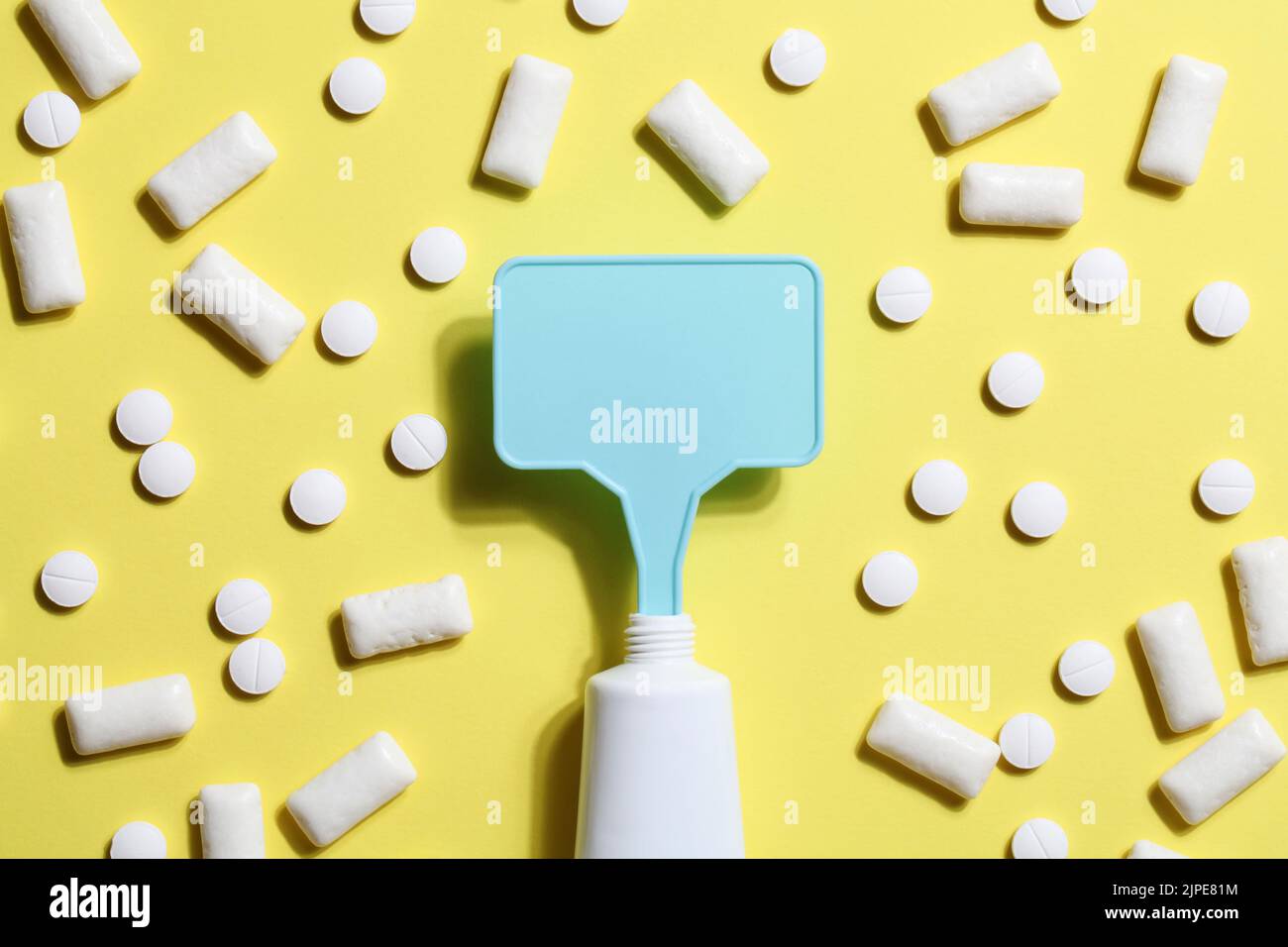 Titanium dioxide, E171, dangerous additive concept. gum, pills ...