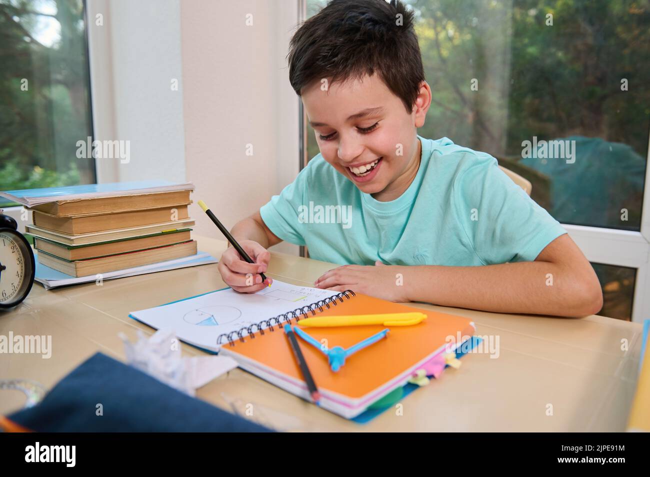 Handsome kid, successful smart student of a primary school doing ...