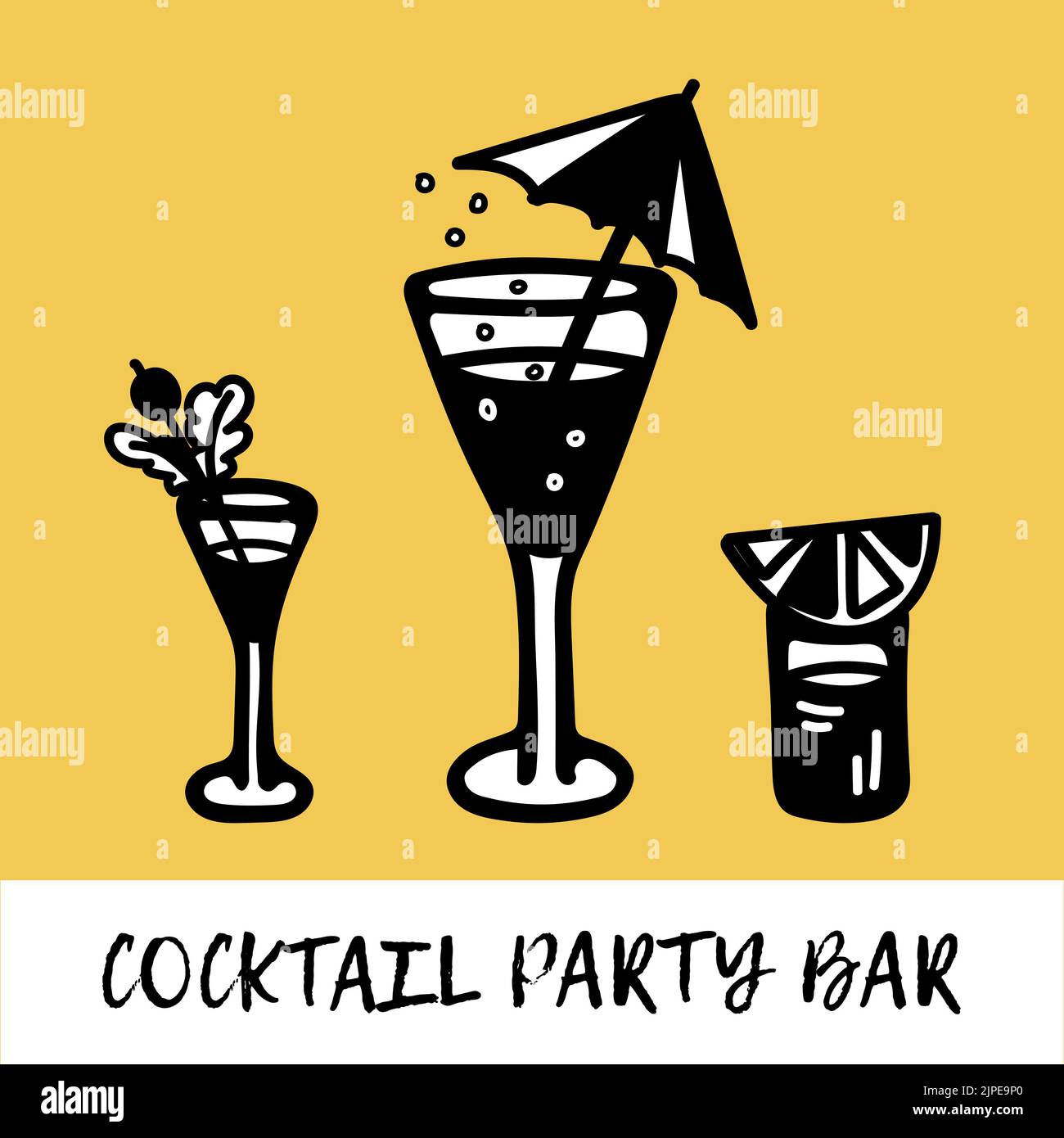 Black and white cocktails with bubbles, umbrella, berry, lemon and ...