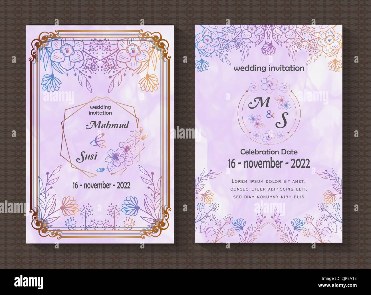 A two-sided wedding invitation template with an editable text Stock ...