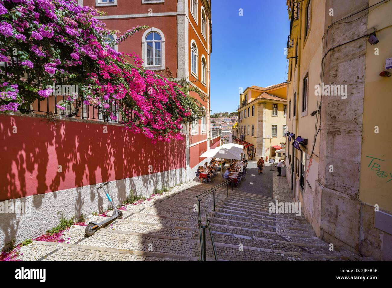 Lisbon, Portugal, street in the old part of town. Calcada do Duque with ...