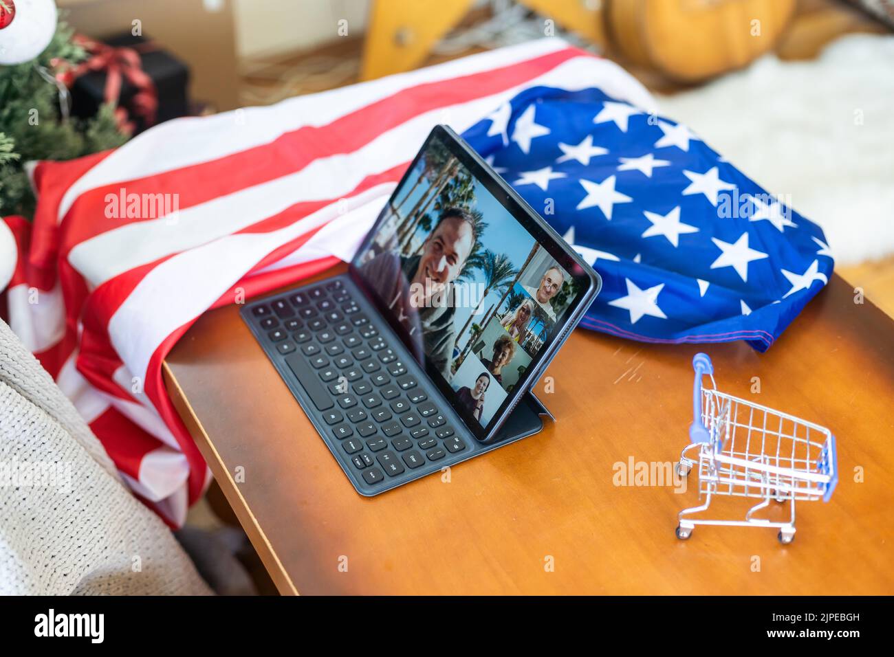 Tablet pc computer on american flag, technology, patriotism ...