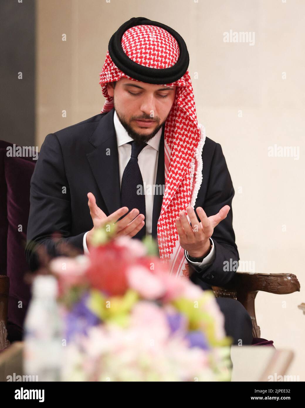 Jordan’s Crown Prince Hussein (or Al Hussein) bin Abdullah II praying during his engagement ...
