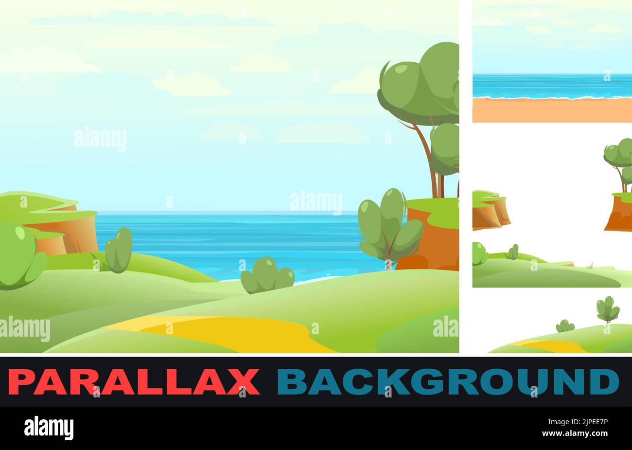 Sea beach. Set parallax effect. Summer seascape. Far away is the ocean horizon. Calm weather ...