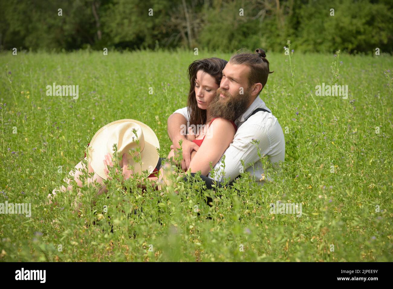 beautiful caucasian couple in love in a meadow in France Stock Photo ...