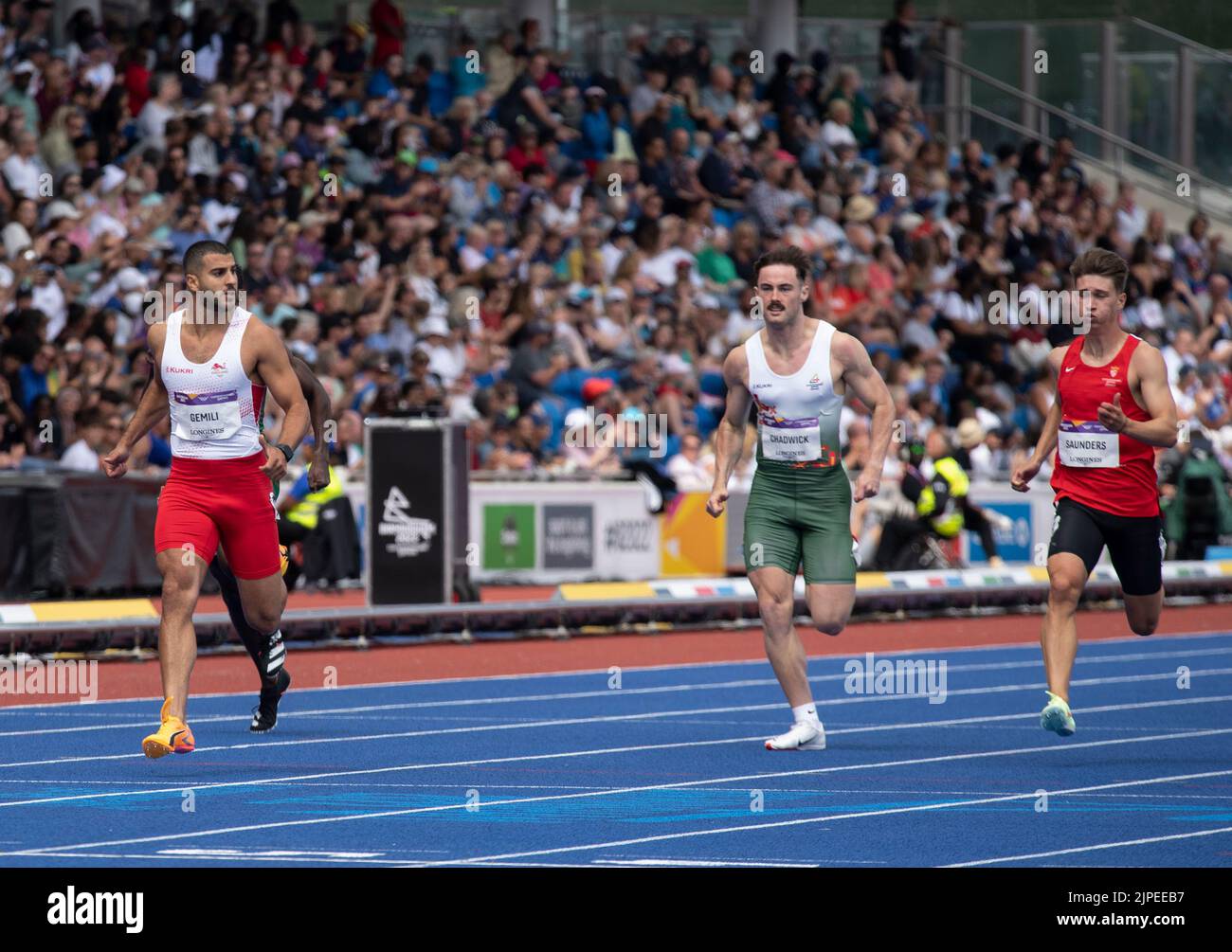 Adam Gemili, Joe Chadwick and Zachary Saunders competing in the men’s ...
