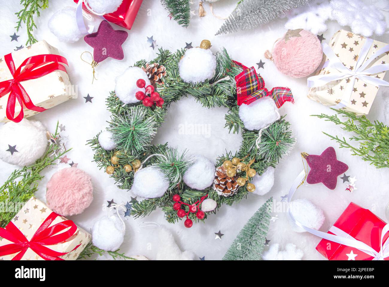 Fluffy Christmas concept. Festive Xmas background with decoration stuff ...