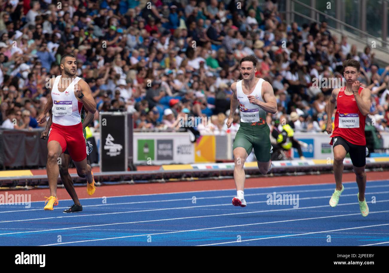 Adam Gemili, Joe Chadwick and Zachary Saunders competing in the men’s ...