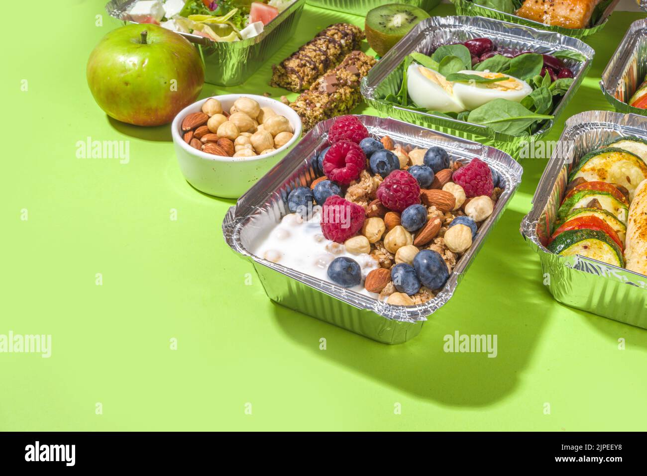 Healthy catering menu, courier food delivery lunch boxes. Beef steak ...