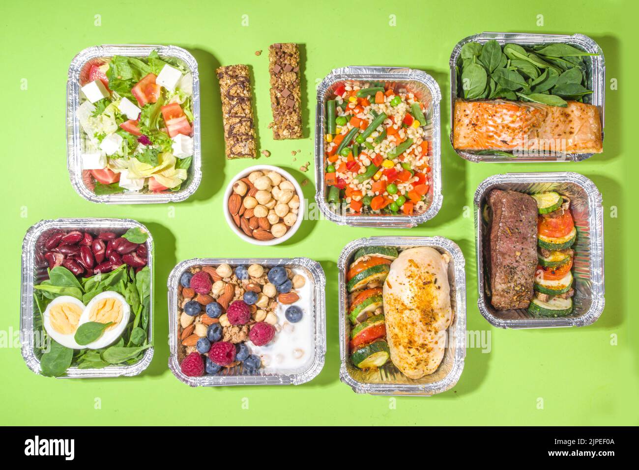 Healthy catering menu, courier food delivery lunch boxes. Beef steak ...