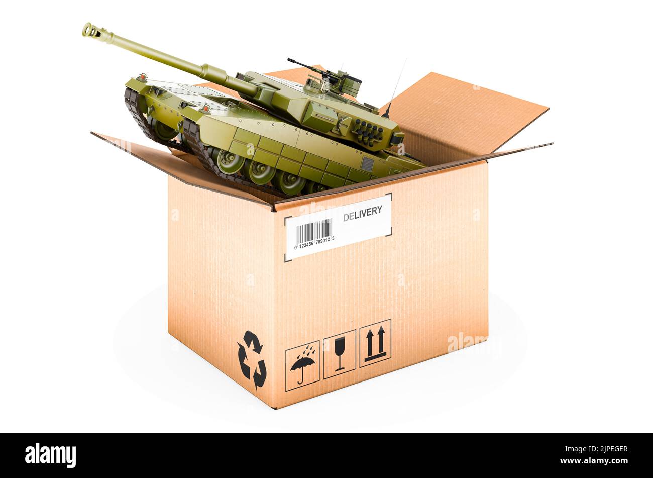 Battle tank inside cardboard box, delivery concept. 3D rendering ...