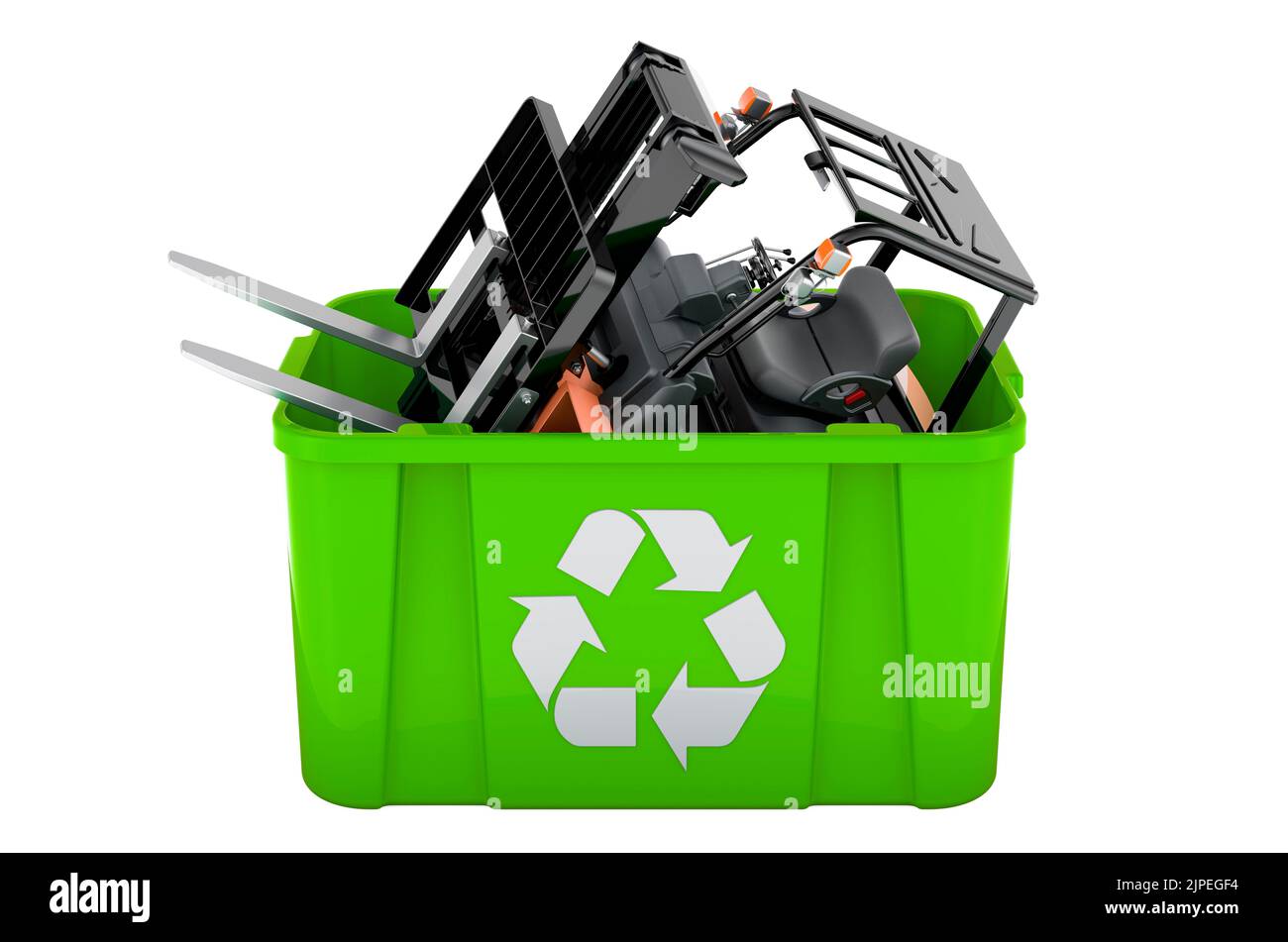 Recycling trashcan with forklift truck, 3D rendering isolated on white ...