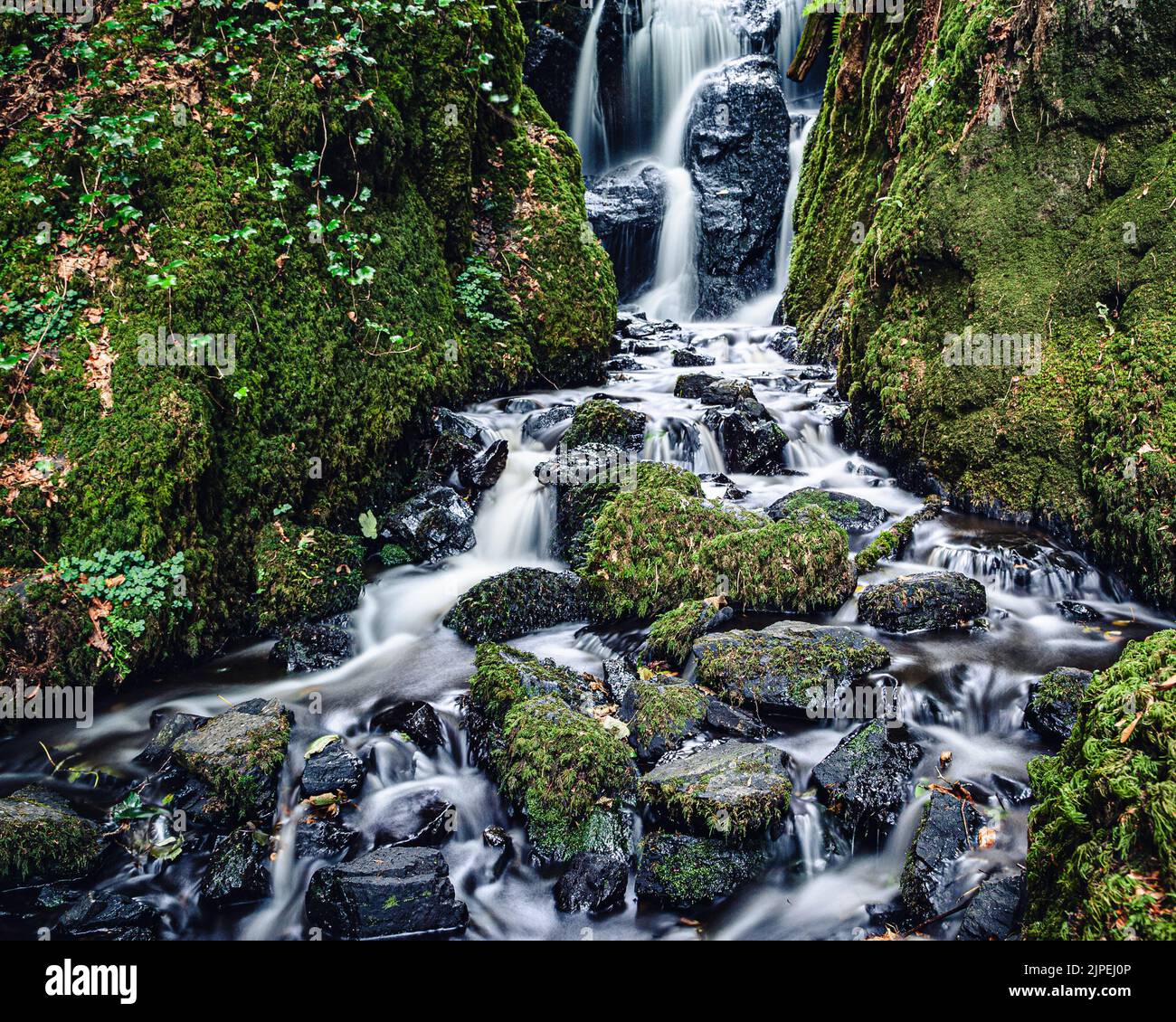Beautiful scenery of waterfall streaming over mossy rocks Stock Photo ...
