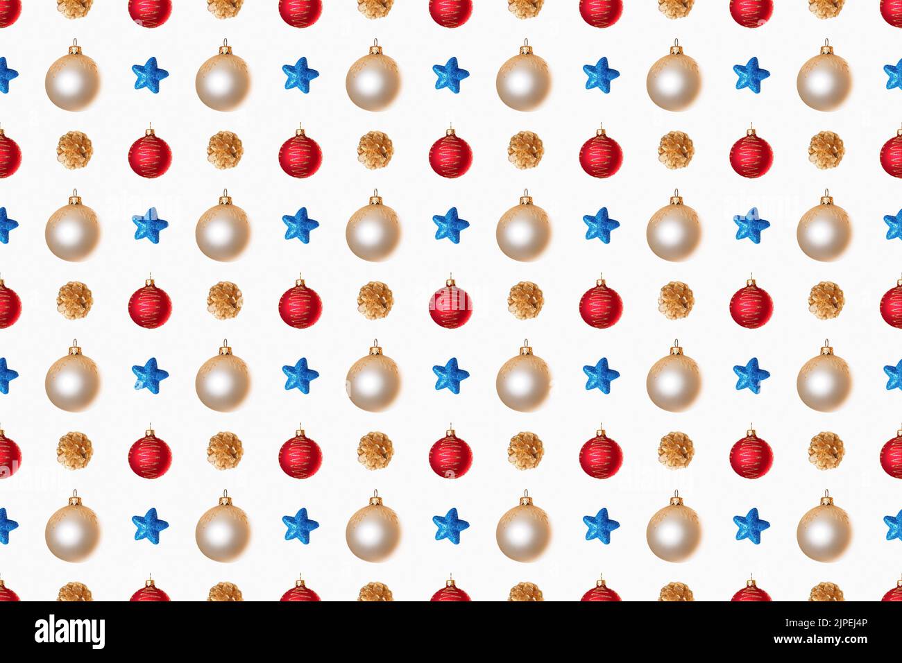 Seamless New Year's pattern from red and white ball, golden cones, blue ...