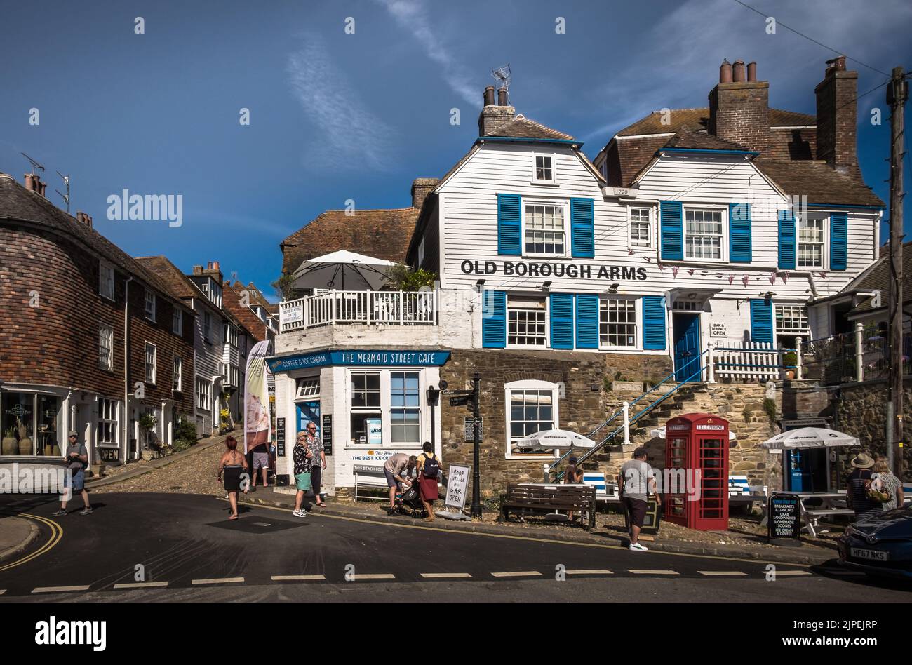 East Sussex, England, July 2022, view of The Mermaid Street Café and ...