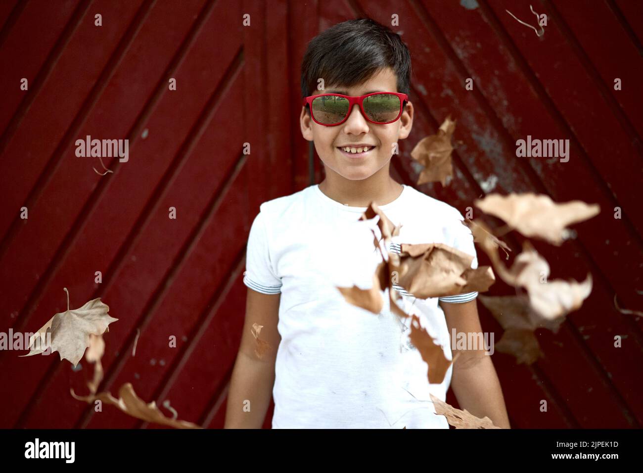 Autumn boy Portrait In Fall Yellow Leaves, Kid in Park Outdoor wearing ...