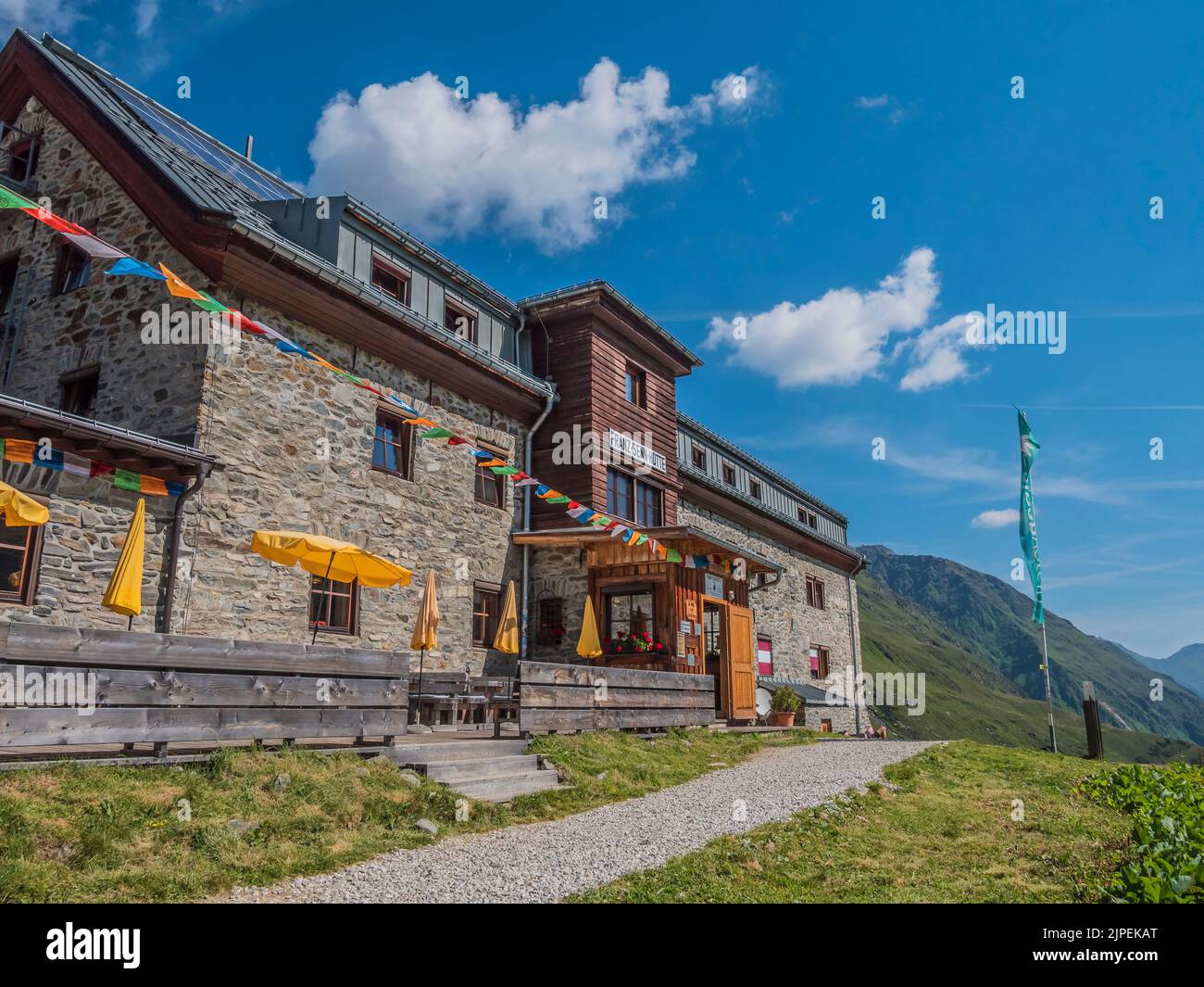 The image is of the Franz Senn Hut in the Stubai Alps of the Austrian ...