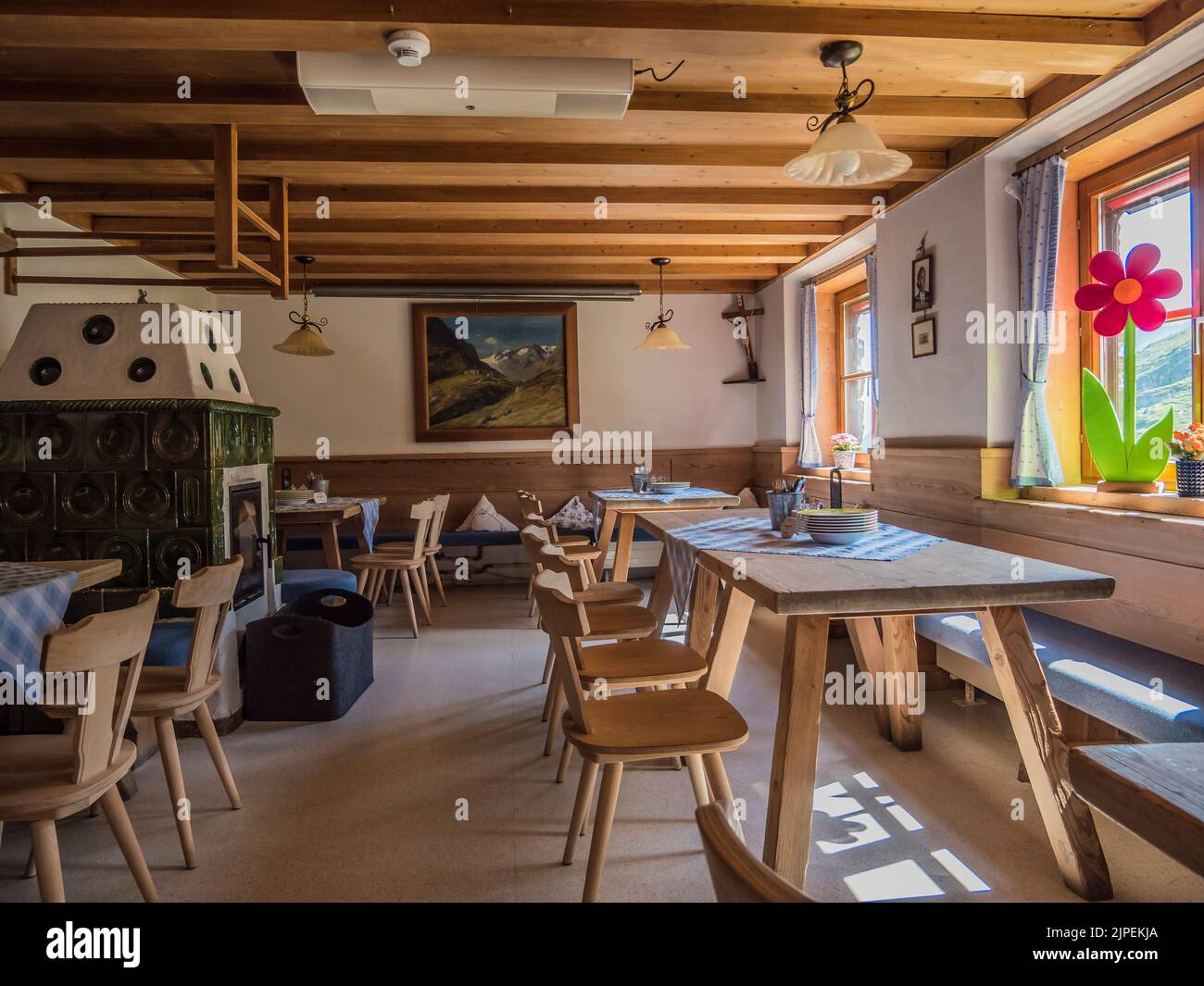 The image is of the interior of the Franz Senn Hut in the Stubai Alps ...