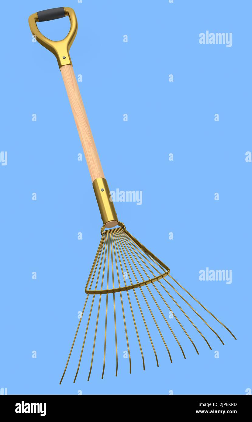 Garden rake with wooden handle for harvesting hay isolated on blue ...