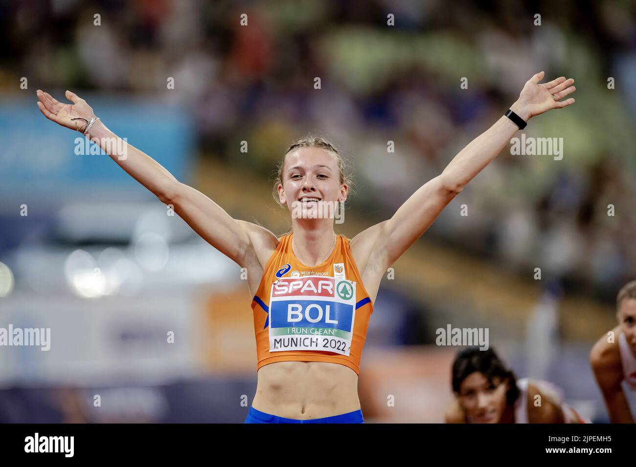 MUNICH - Femke Bol celebrates the win in the final of the 400 meters on ...