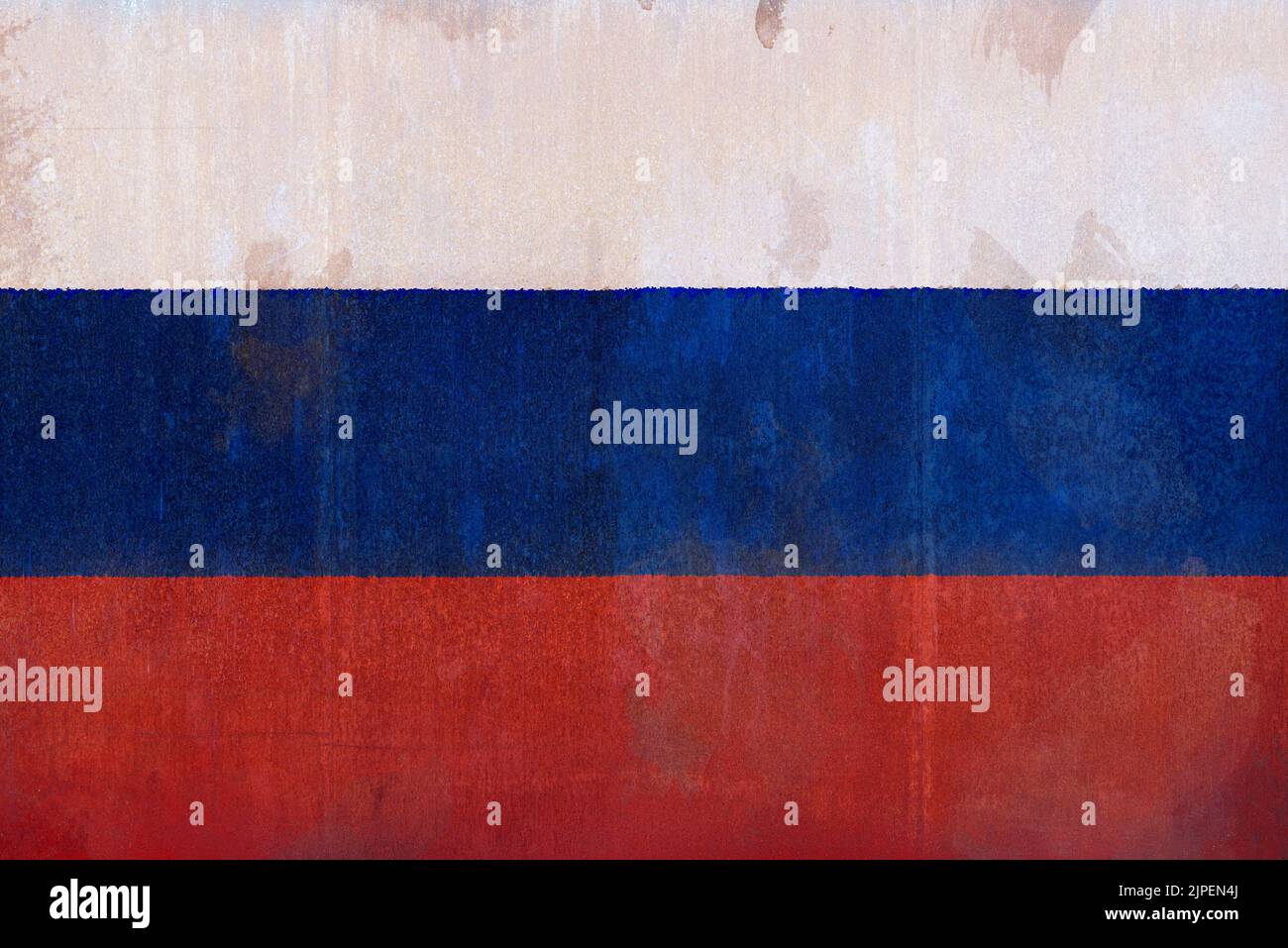 Full frame front view photo of a weathered flag of Russia painted on a ...