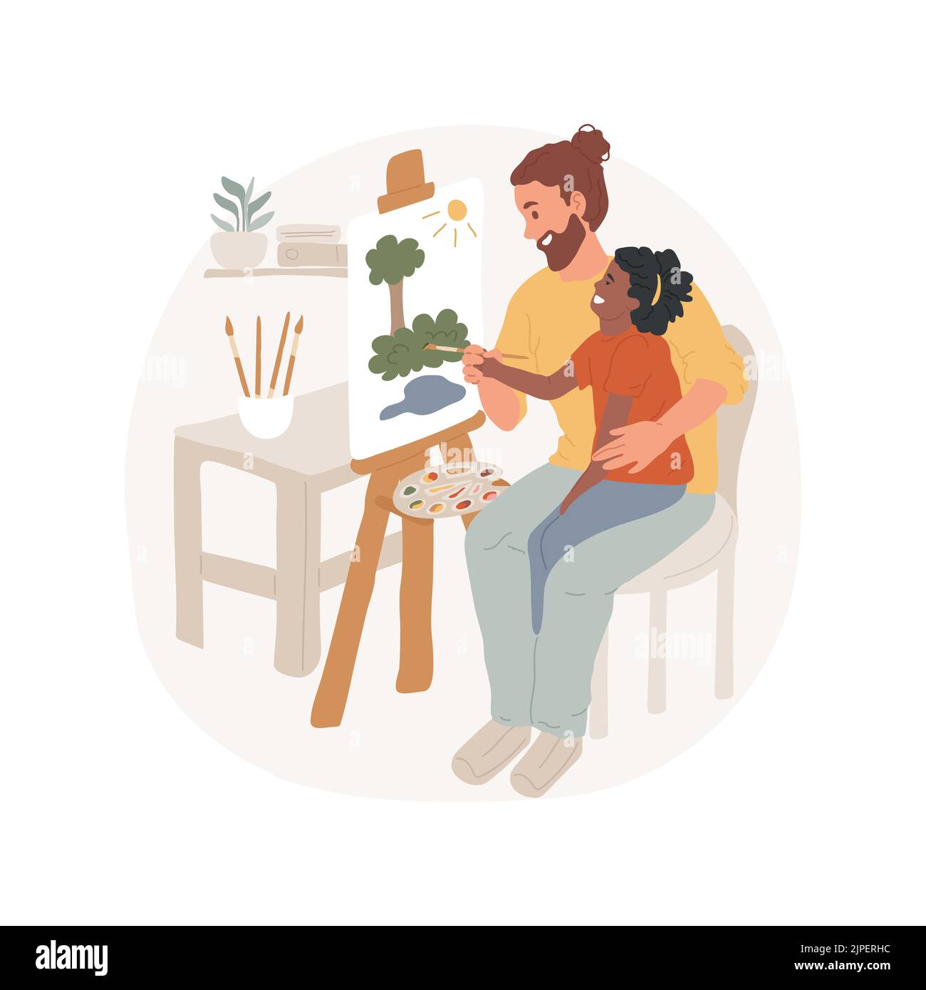 Drawing together isolated cartoon vector illustration. Woman teach ...