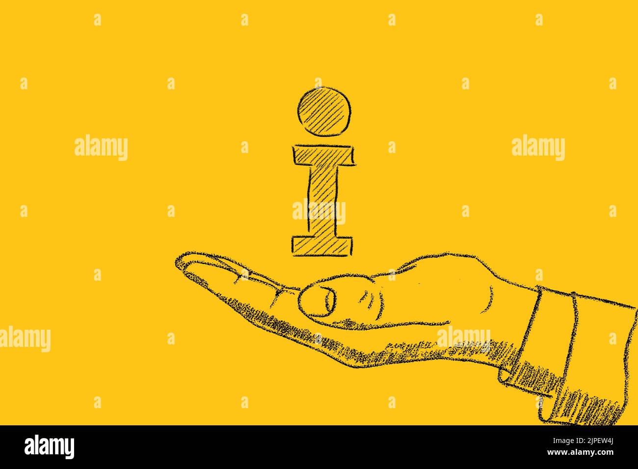 Human hand and info icon drawn on yellow. First-hand information ...